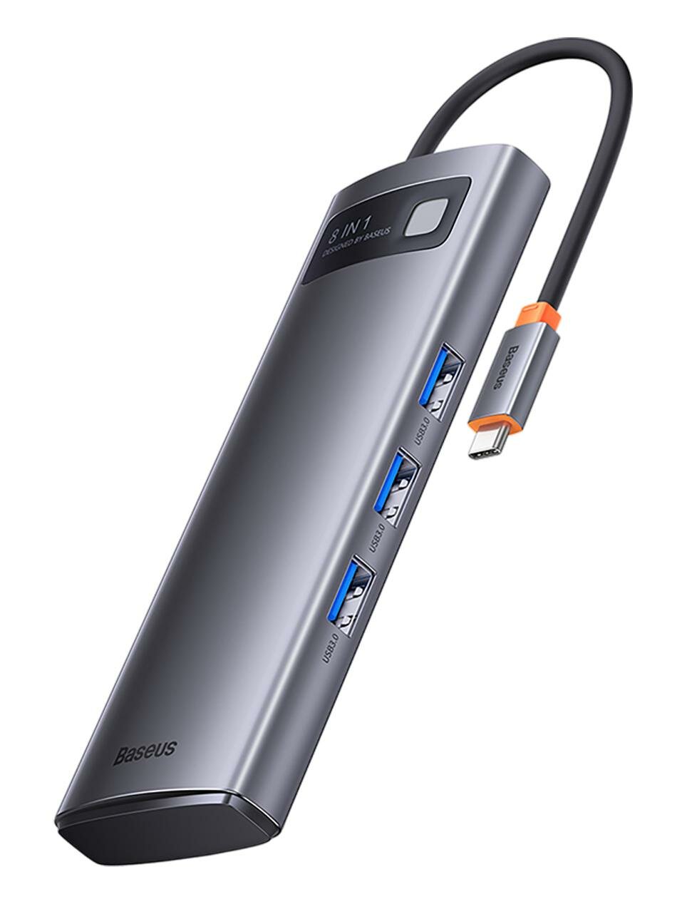 Хаб Baseus Metal Gleam Series 8-in-1 Type-C HUB Gray, PD, 3xUSB3.0, 2хHDMI, SD, TF (WKWG050113)