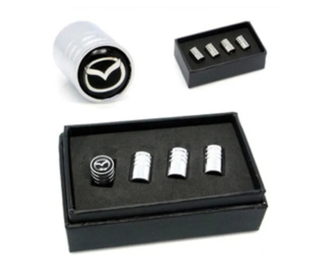 Колпачки шестигранные на ниппель для "Mazda" (Мазда). Нержавеющий металл. Подарочная упаковка, комплект из 4 штук.