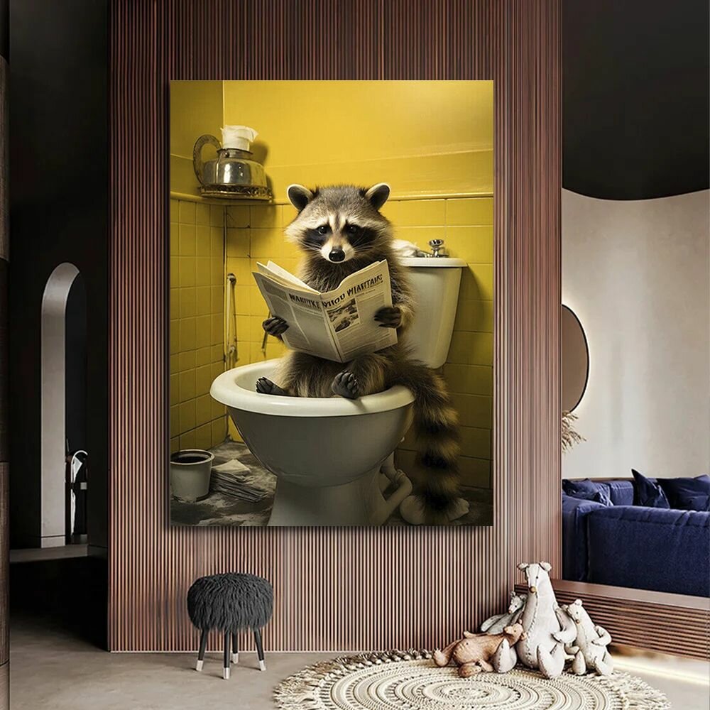 Картина в туалет, ванную комнату, Енот читает газету в туалете