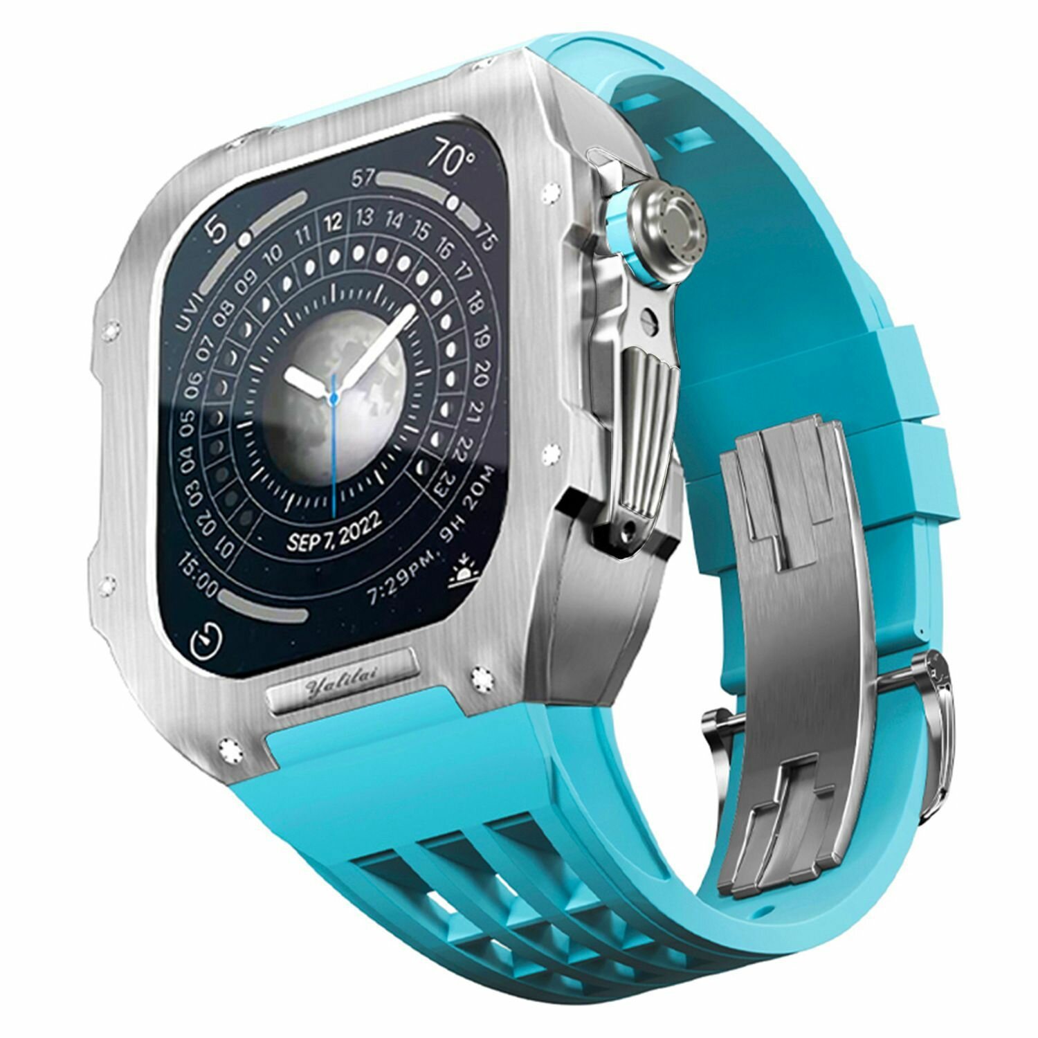 Для комплекта модификации Richard RM для Apple Watch 44/45 мм, серия 9 8 7 SE 6 5 4, серебристый корпус из нержавеющей стали 316L, ремешок премиум-класса с пряжкой-бабочкой из фторкаучука, синий