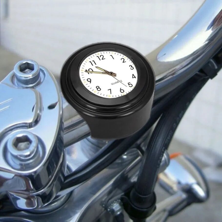 Мотоциклетные часы на руль мотоцикла водонепроницаемые, черный корпус-белый циферблат