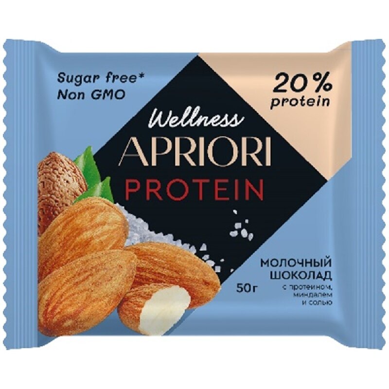 Шоколад APRIORI Wellness плитка молочная с протеином, миндалем и солью 50г