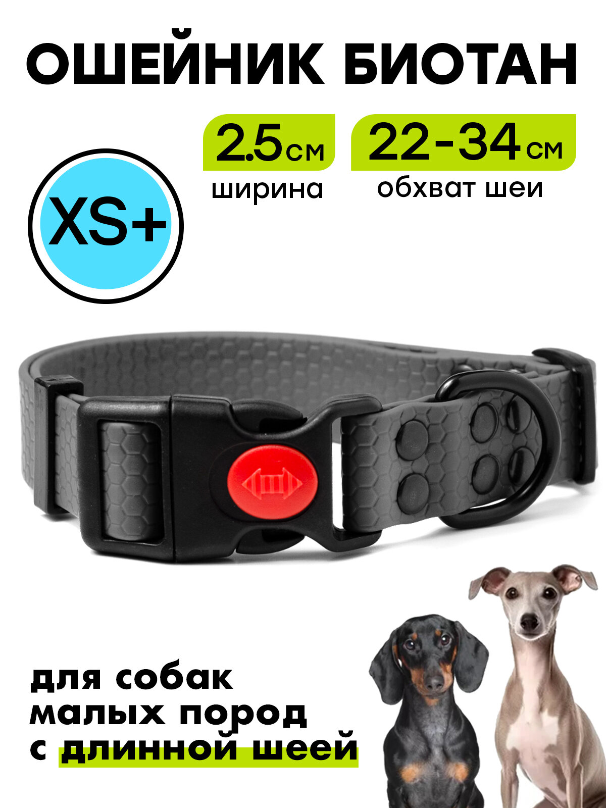 Ошейник из биотана 22-34 см (XS+), 25 мм, Woofy "Iron", для маленьких собак, водостойкий, серый