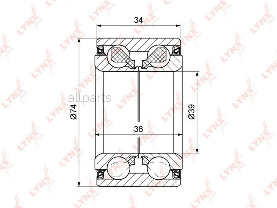 LYNXAUTO WB1322 подшипник ступицы колеса ПЕР (36/34X39X74) HYUNDAI ELANTRA(XD) 1.6-2.0 00-06 / MATRIX 1.5D-1.8 01-10