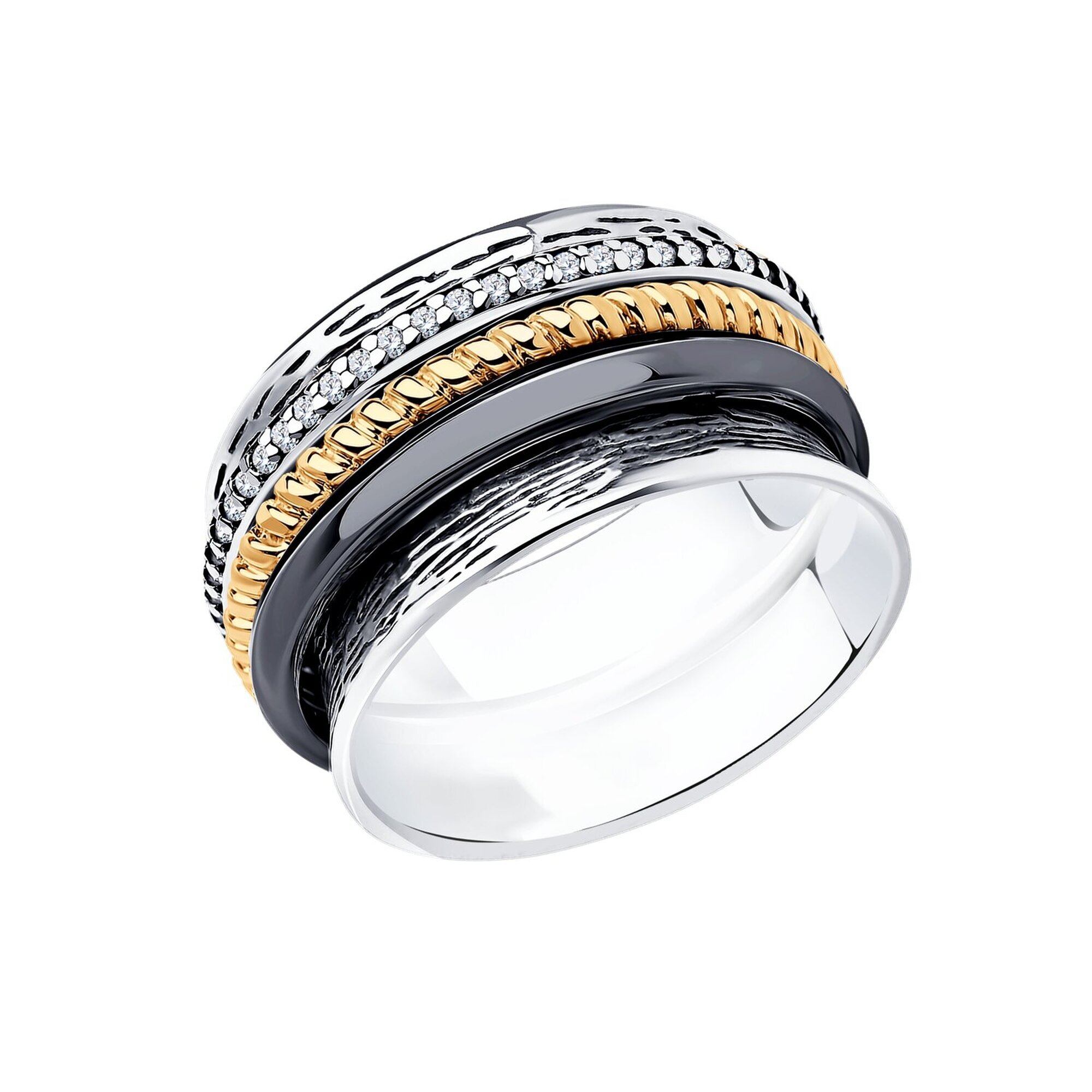 Кольцо широкое, дорожка, серебро, 925 проба, чернение, фианит