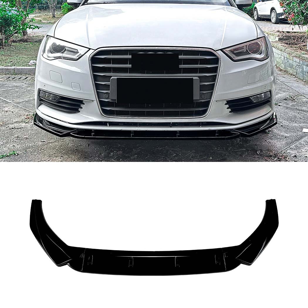 Спойлер переднего бампера Audi A3 8V 2013-2016, комплект 3 шт, ABS, черный, крепеж винтами, установка спереди/снизу Стандарт