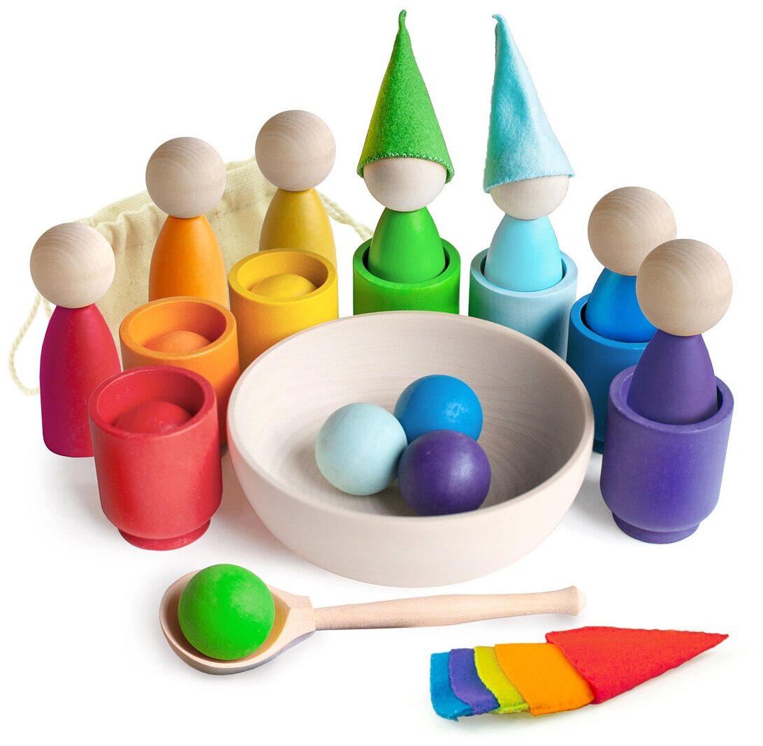 Развивающая деревянная игрушка сортер для детей Гномики в стаканчиках с шариками методика Монтессори Ulanik