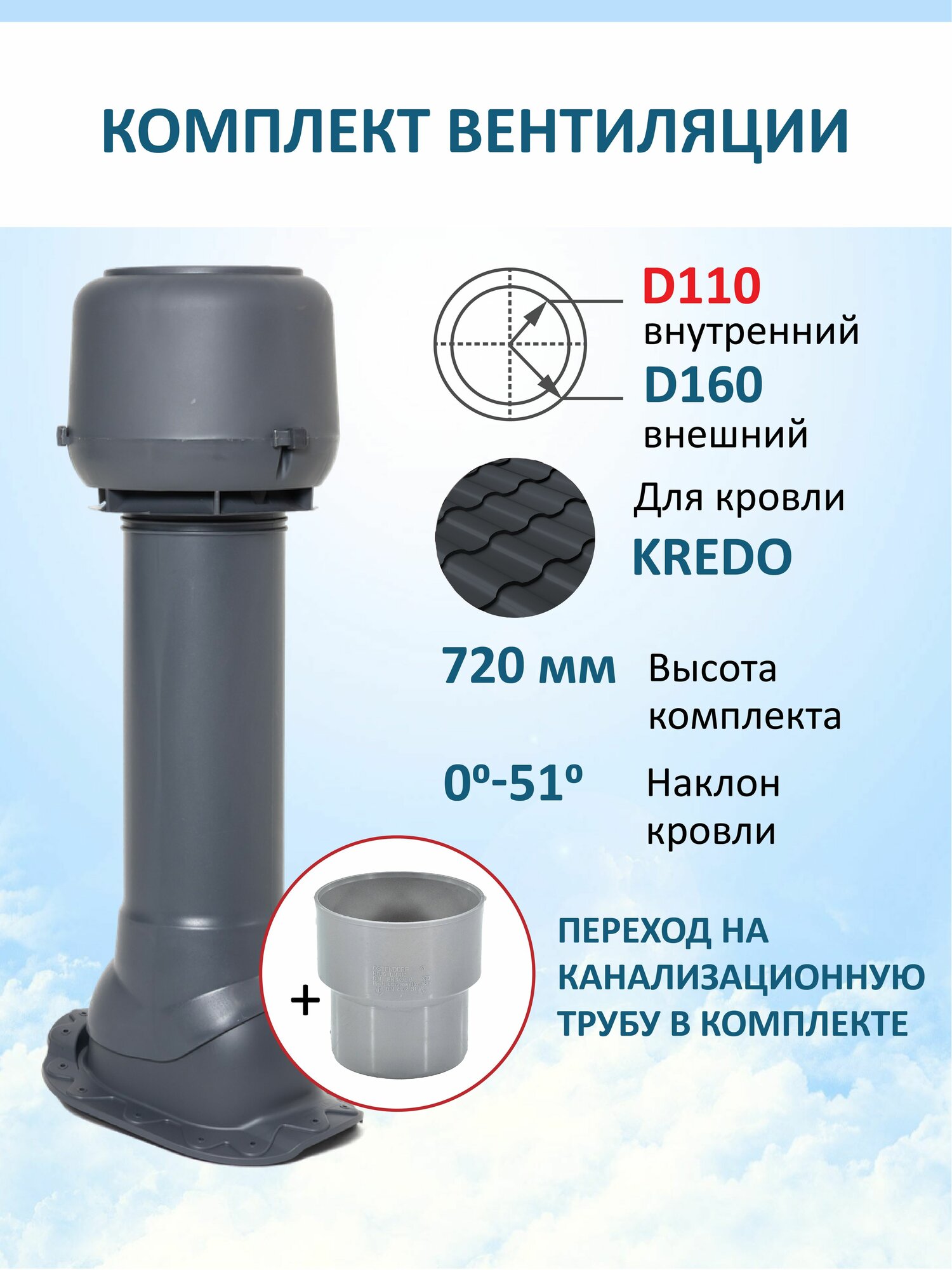 Вент. выход утепленный c колпаком D160 высотой Н-700 с переходом D110, для металлочерепицы Kredo