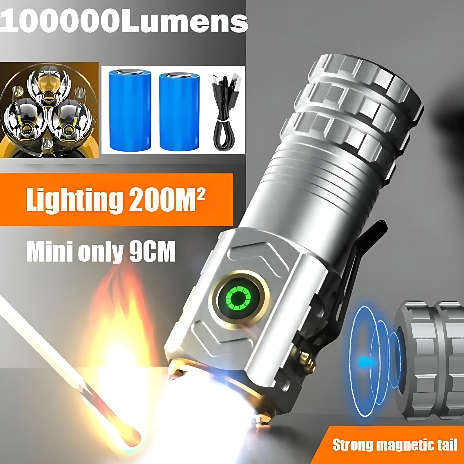 100 000 люмен 3 фитиля 24 часа сенсорного сплава с батареей 2шт 18500 перезаряжаемый фонарик с хвостовым магнитом！
