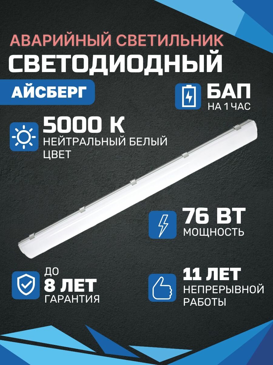 Аварийный светильник светодиодный Айсберг 76 Вт, 9500Lm, 5000К, IP65, Опал, Бап на 1 час, настенно-потолочный