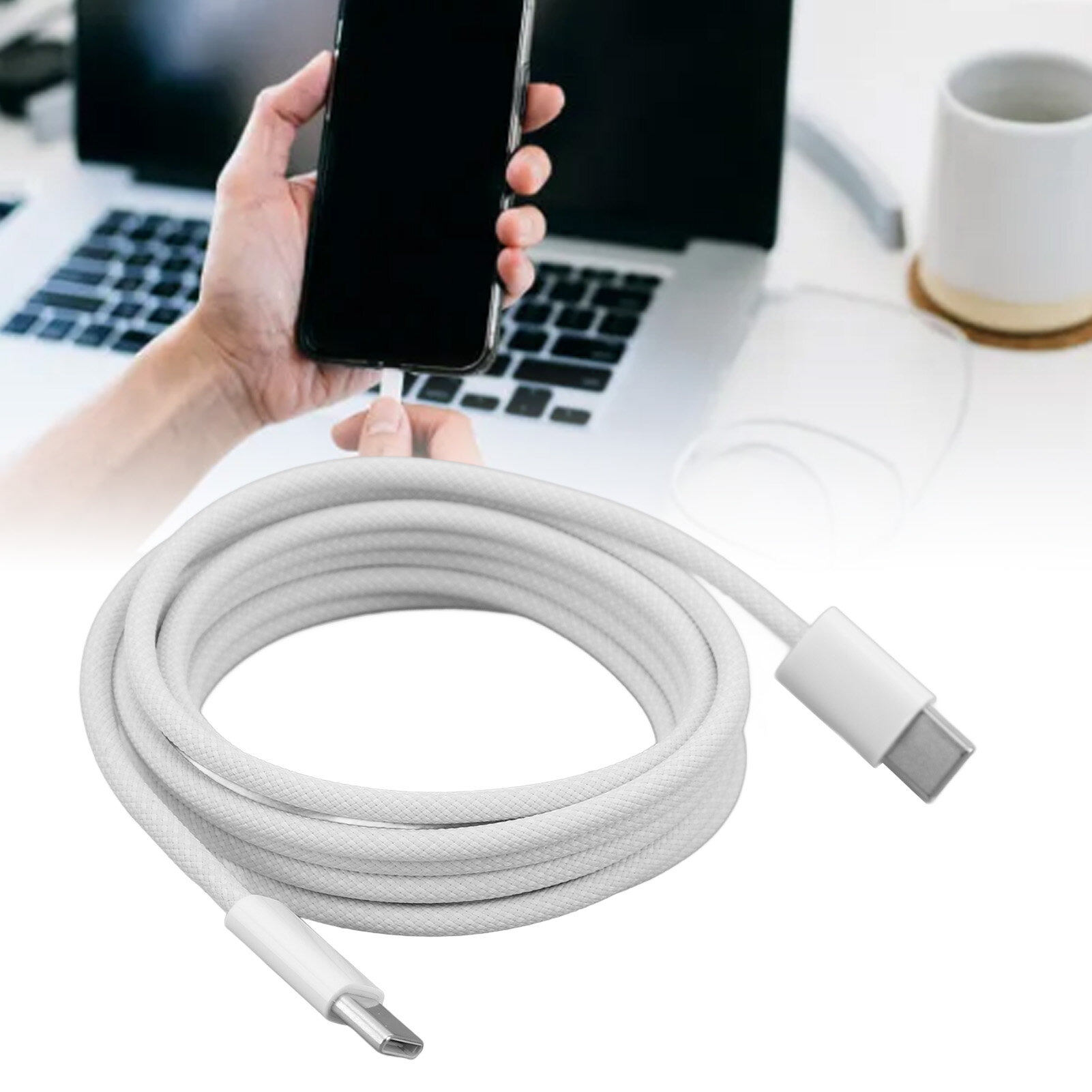 Зарядный кабель USB C длиной 6,6 футов, нейлоновая оплетка 60 Вт, кабель для быстрой зарядки USB C — USB C для IOS 15 для Galaxy S23 S22, белый