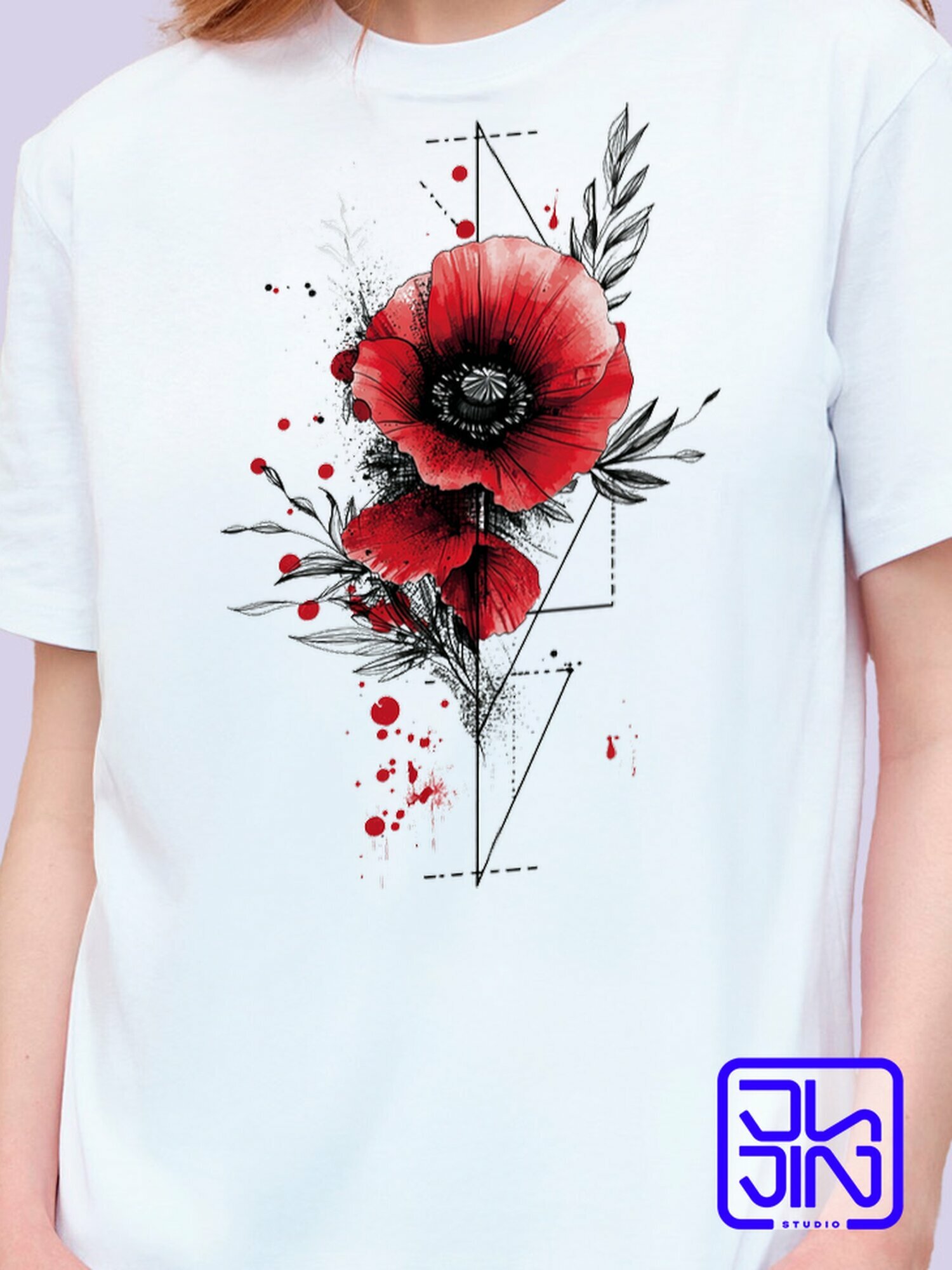 Футболка Jujin Studio классическая женская с авторским принтом Черно-красный геометрический принт с маками, цветочными узорами и природой, белый хлопковый трикотаж с прикольным рисунком на груди