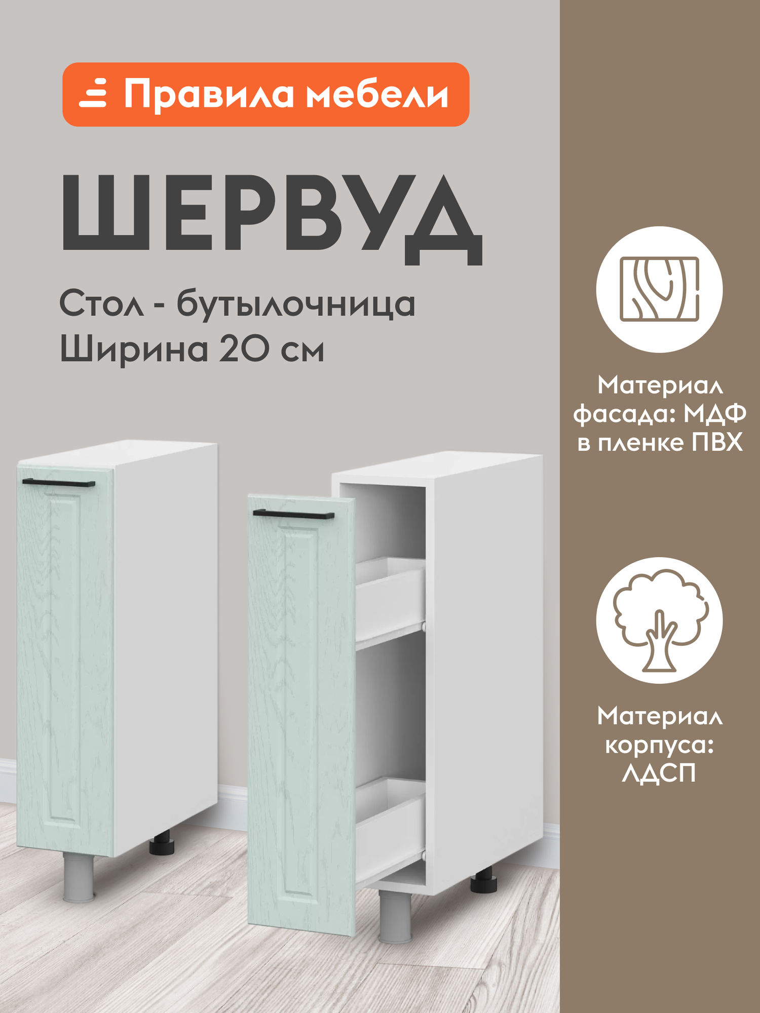 Кухонный модуль напольный, бутылочница Шервуд с ящиками, 20х50.6х82.4 см, Белый / Деним голубой