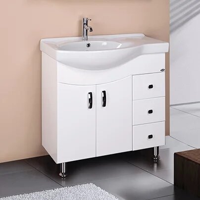 Тумба с раковиной Onika Эльбрус 82.10 напольная, 83 см, белая, глянцевая, из МДФ, с ящиками, с дверками, раковина для ванной фарфоровая, прямоугольная