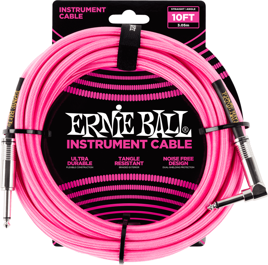 Ernie Ball 6078 кабель инструментальный, оплетёный, 3,05 м, прямой/угловой джеки, розовый неонErnie Ball 6078 кабель инструментальный, оплетёный, 3,05 м, прямой/угловой джеки, розовый неон