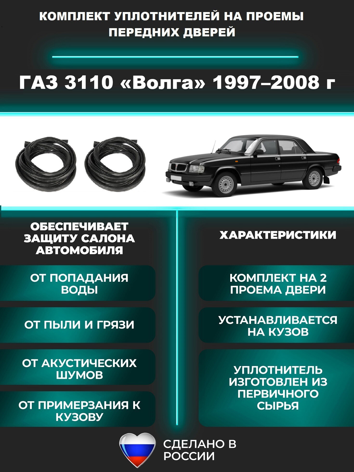 Комплект уплотнителей проема передних дверей, подходит на ГАЗ 3110 1997-2008 год, Волга 2 шт