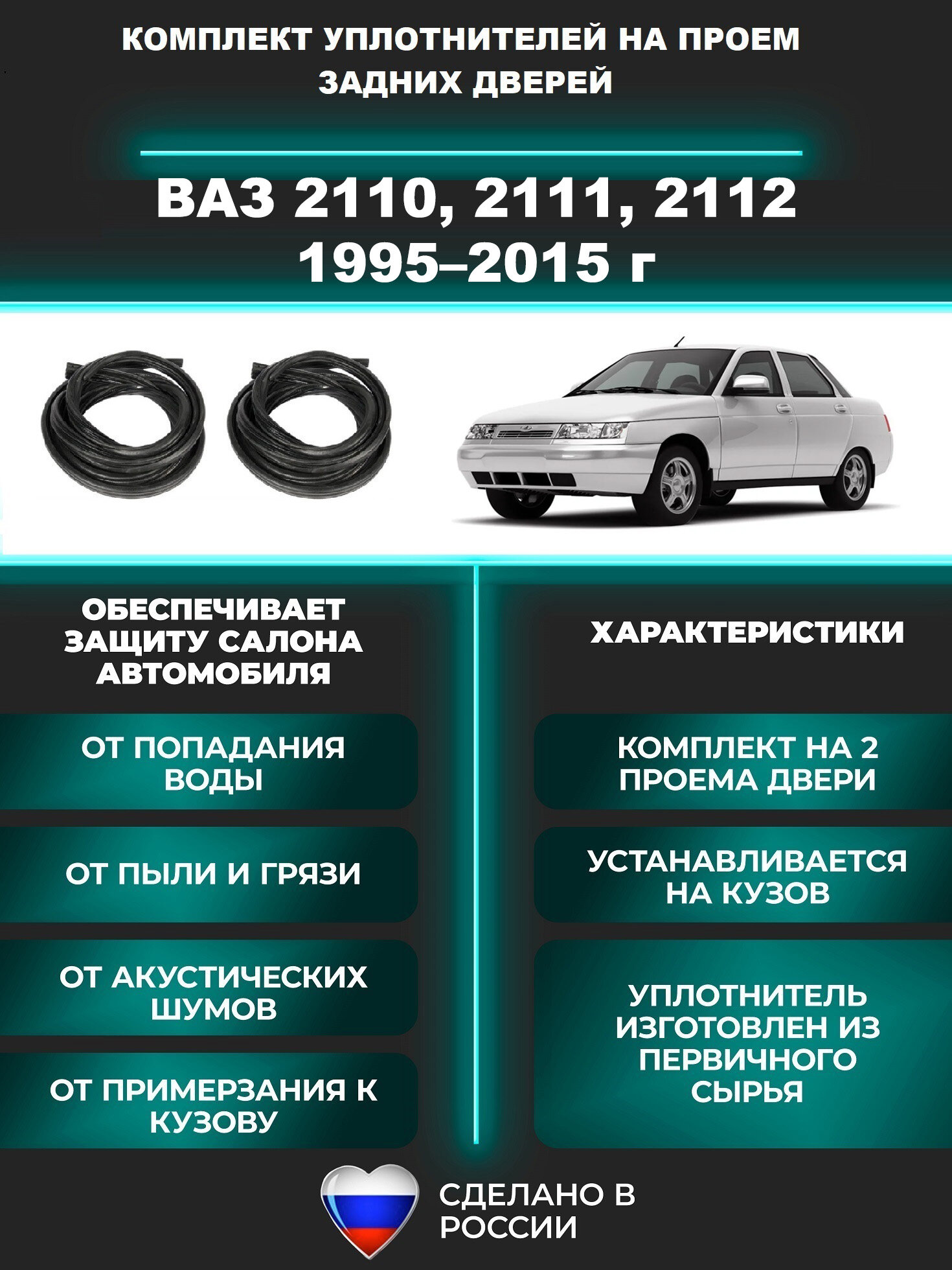 Комплект уплотнителей проема задних дверей для LADA (ВАЗ) - 2110, 2111, 2112, 2 шт