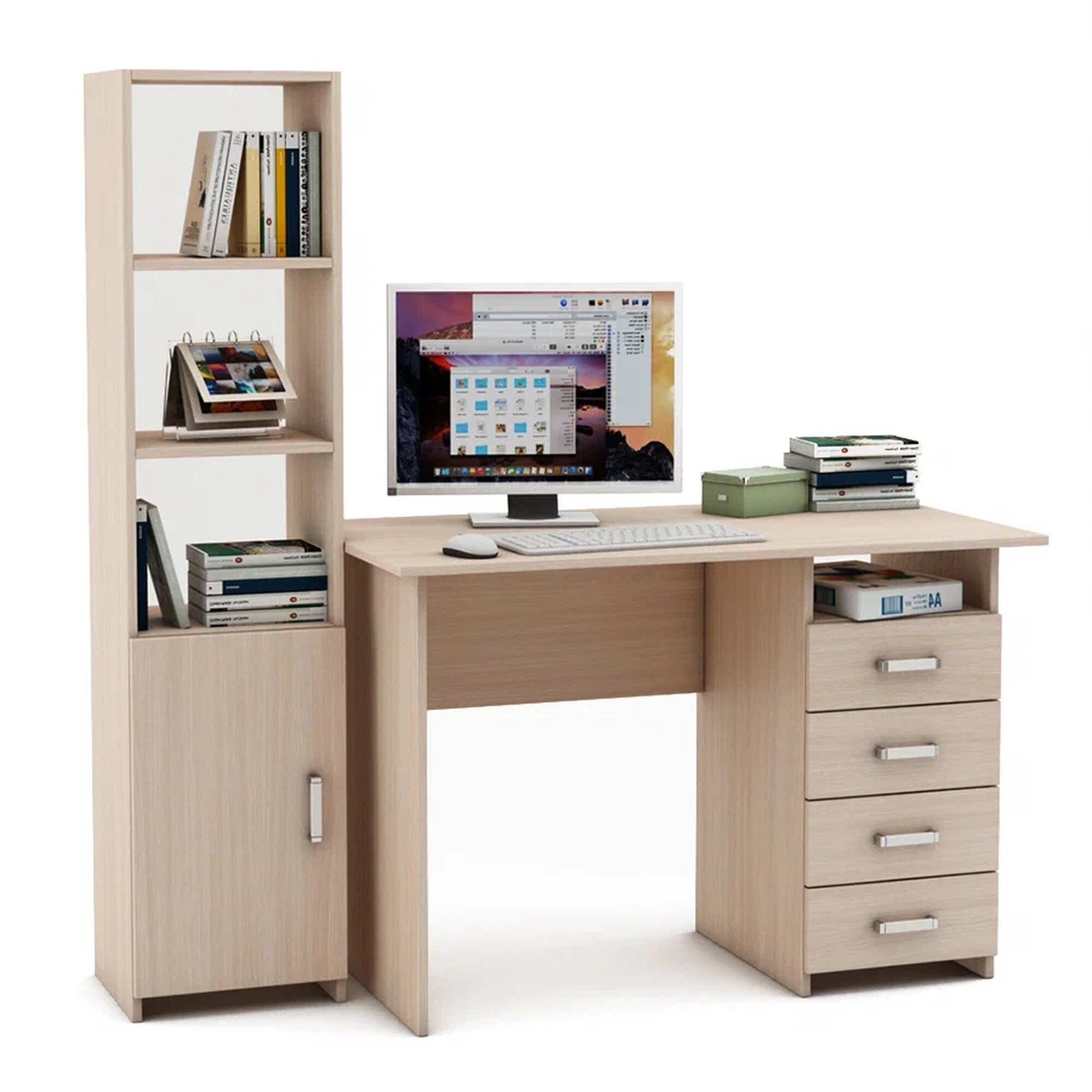 Стол письменный ВМФ Лайт (Ньюкасл) 5, со стеллажом, ЛДСП, дуб молочный, 145×60×149.2см, с ящиком