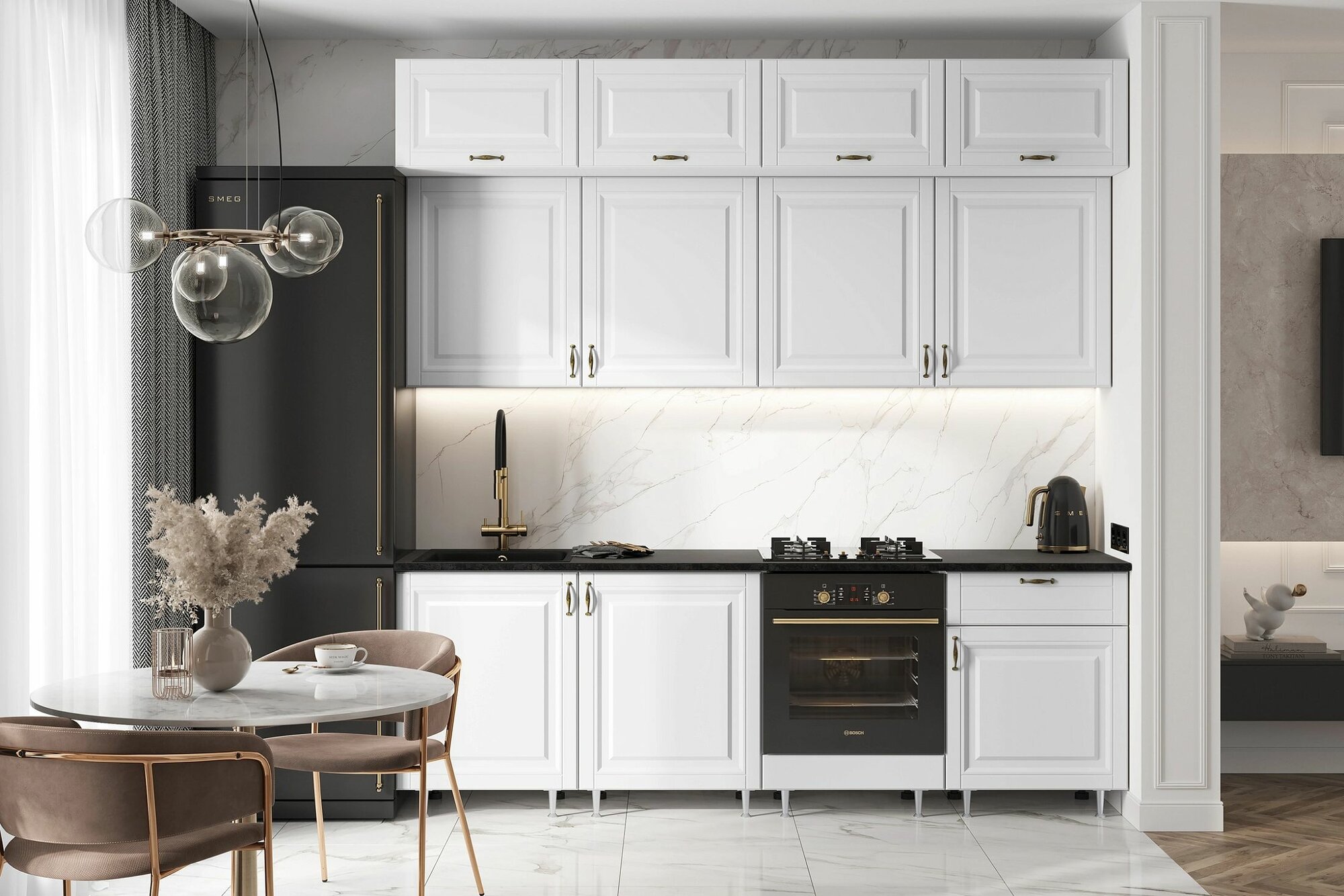 Кухня Престиж 2,4м (490) (Браш Вайт, Белый (Кастилло темный))