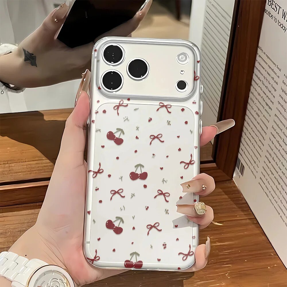 Чехол для iPhone 17 ProMax с розовыми бантами и вишнями