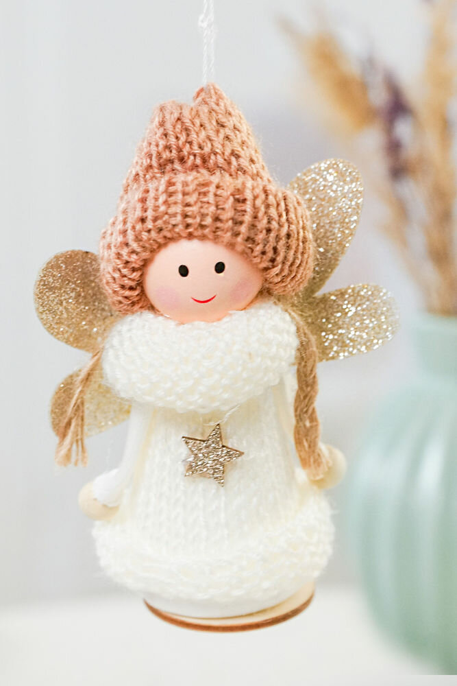 Ёлочная игрушка ангел С серебряными крылышками в коричневой шапочке, фетр, 9 см, Edelman 1148145-2