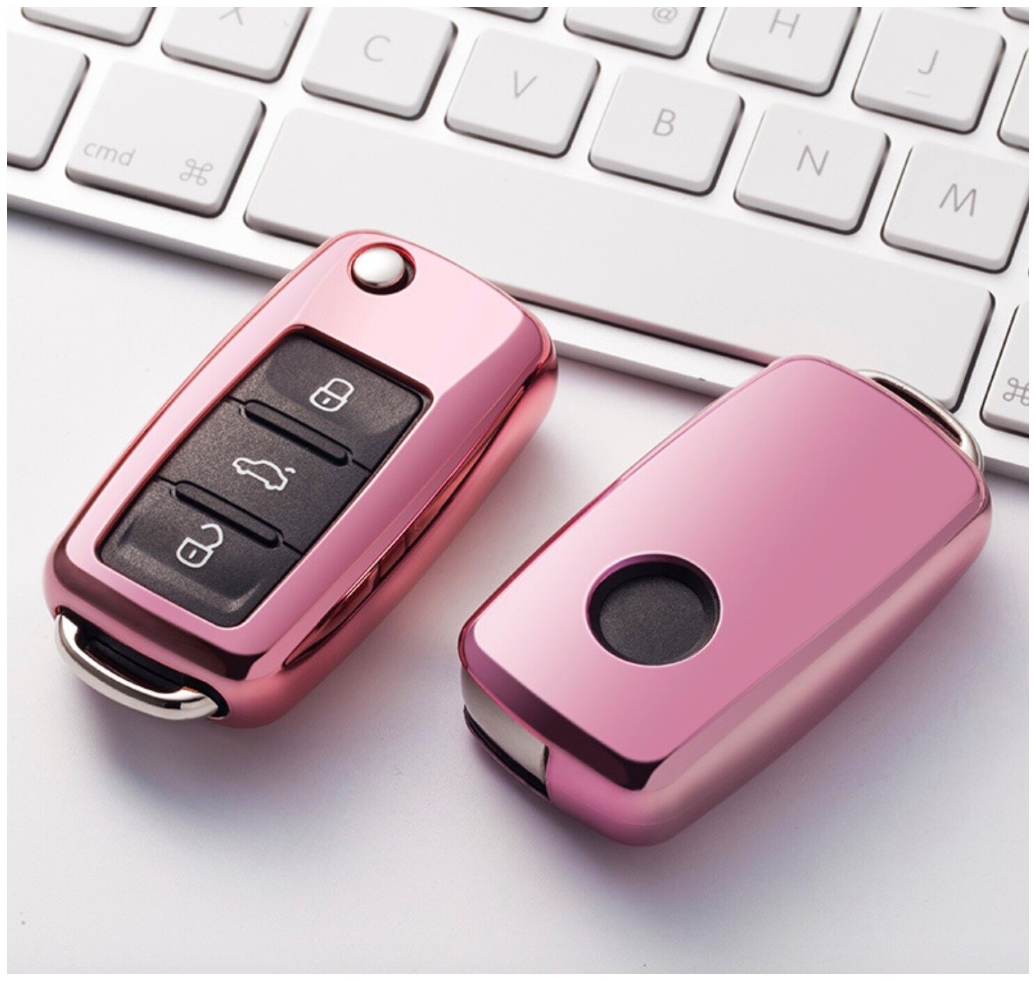 Защитный, противоударный, розовый чехол футляр MyPads M-161011 для автомобильного откидного (механического) смарт ключа марки SKODA Шкода / Volksva.