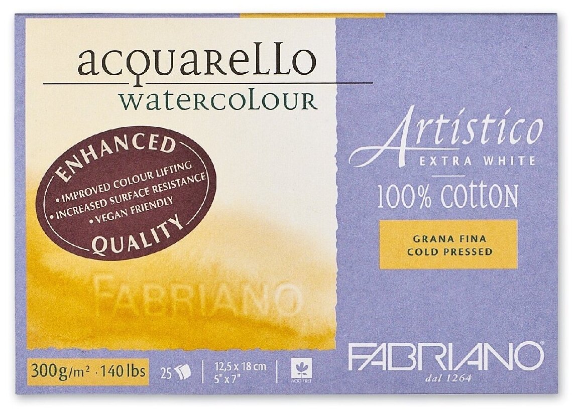 Блок для акварели Fabriano Artistico Extra White 300г/м. кв 12,5x18см Фин 25 листов склейка по 4 сторонам