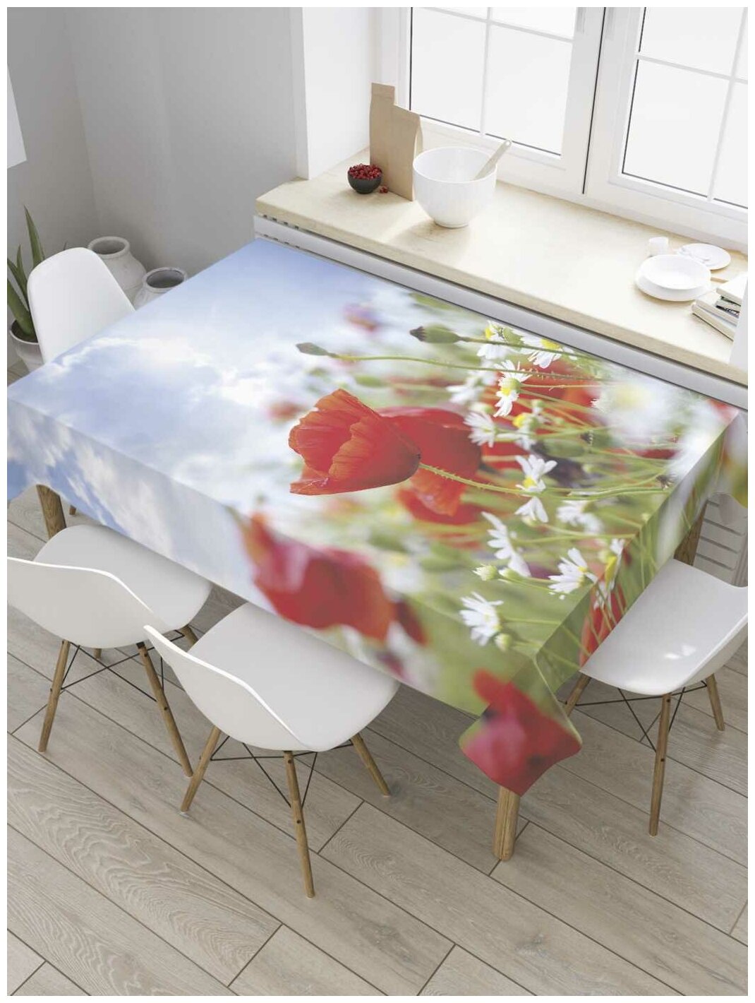 Прямоугольная водоотталкивающая скатерть на стол "Маки и ромашки" 145х180, JoyArty