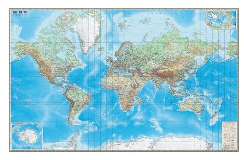 Карта настенная "Мир. Обзорная карта. Физическая с границами", М-1:15 млн, разм. 192х140 см, ламинированная, 293