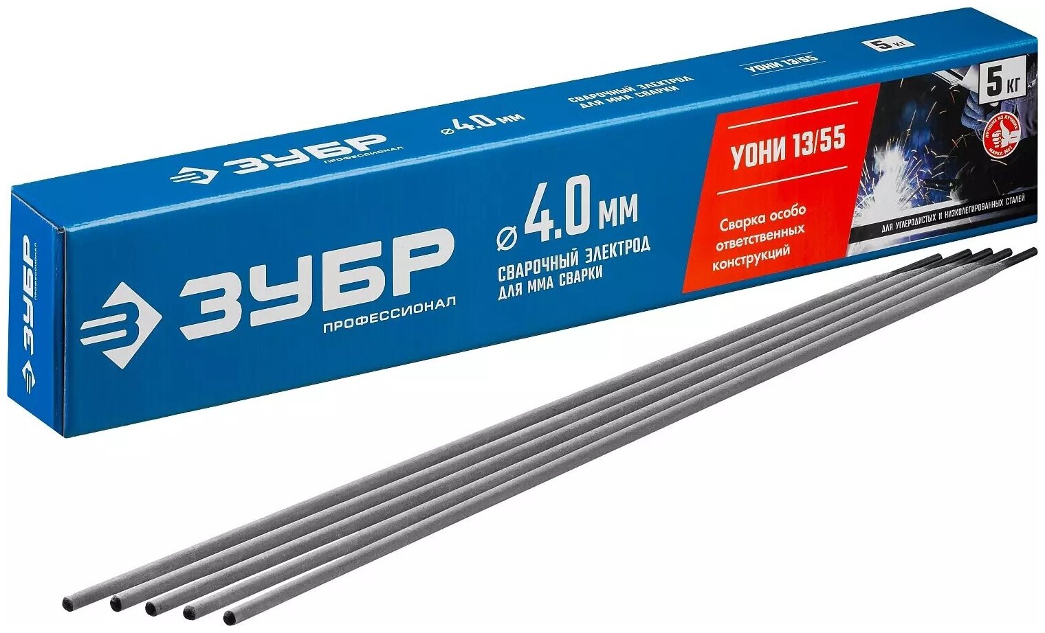ЗУБР электрод сварочный УОНИ 13/55 с основным покрытием, для ММА сварки, d 4.0 х 450 мм, 5 кг в коробке, Профессионал.