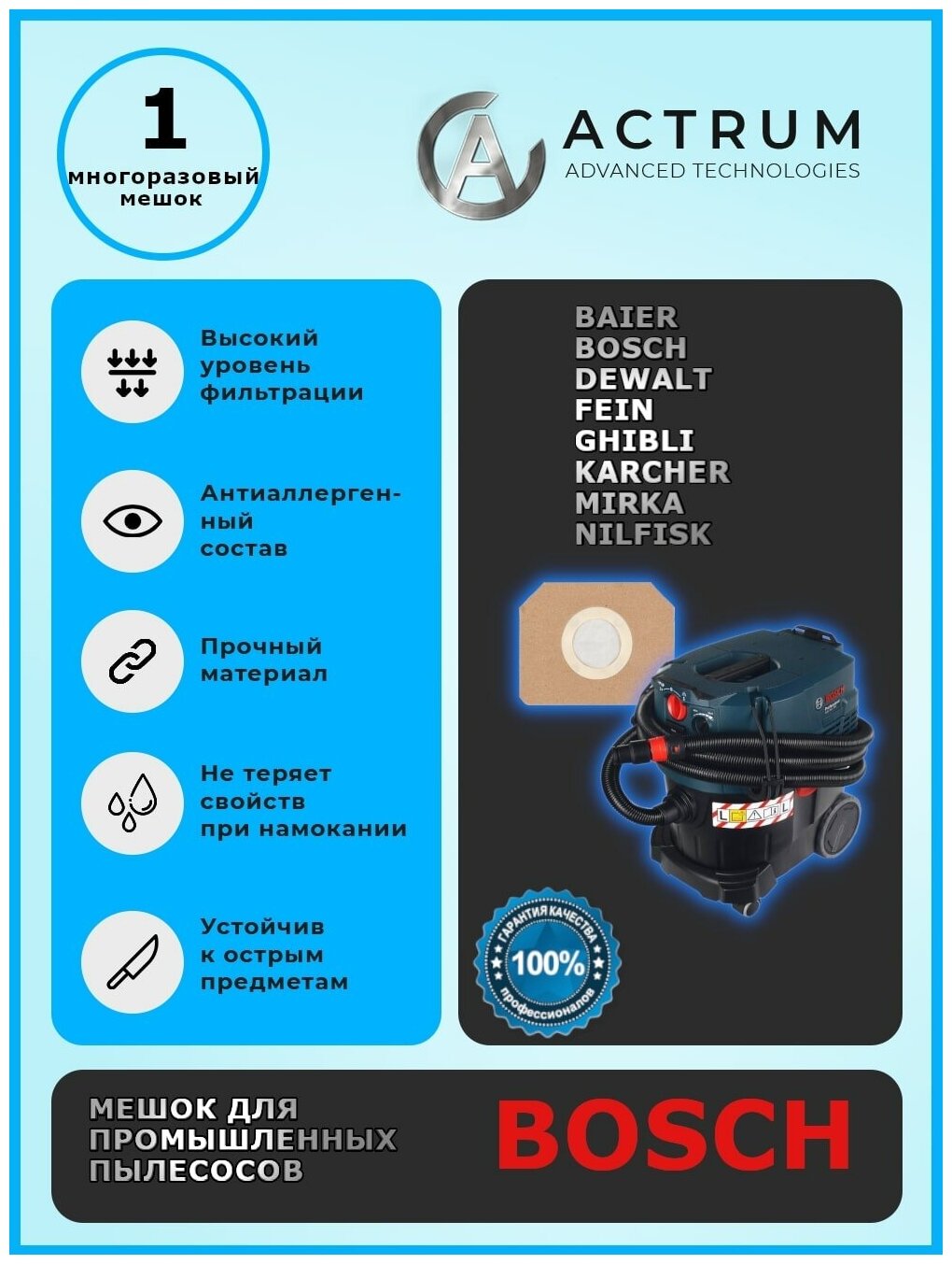 Профессиональный многоразовый пылесборник для промышленных пылесосов BOSCH, DEWALT, GHIBLI, KARCHER, MIRKA + 1 сменный мешок в подарок!