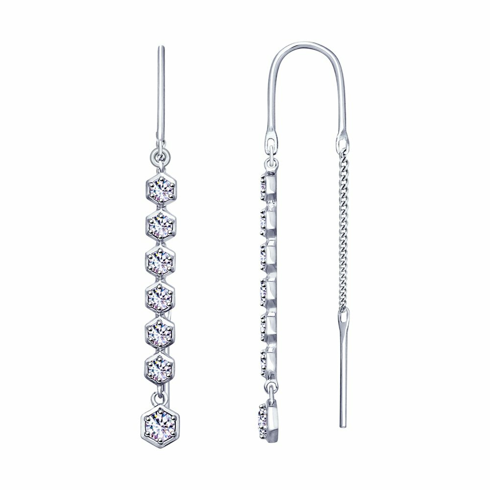 Серьги цепочки, серебро, 925 проба, родирование, фианит