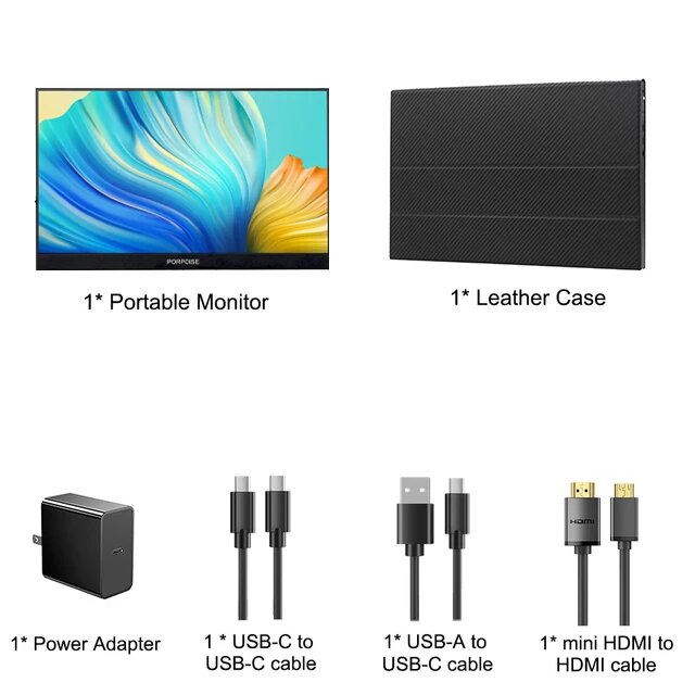 Портативный монитор PORPOISE 17,3", 2K UHD, IPS With Leather Case, Европейская вилка (EU Plug)