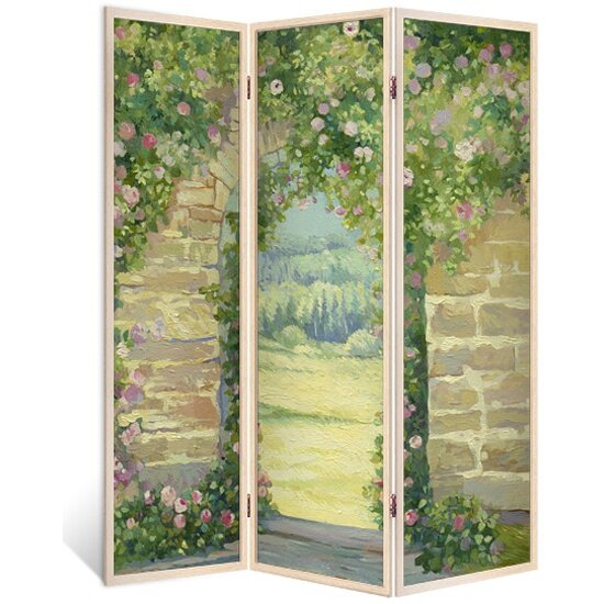Ширма перегородка Декор Депо для комнаты деревянная "Живописная арка" двухсторонняя с картинкой (уют) 3 створки кремовый дуб 176х140 см 11 кг