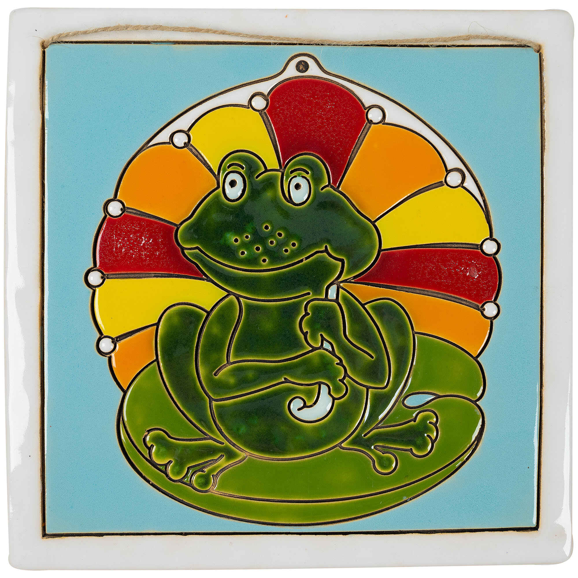 Панно декоративное Лягушка с зонтиком керамическое авторской ручной работы