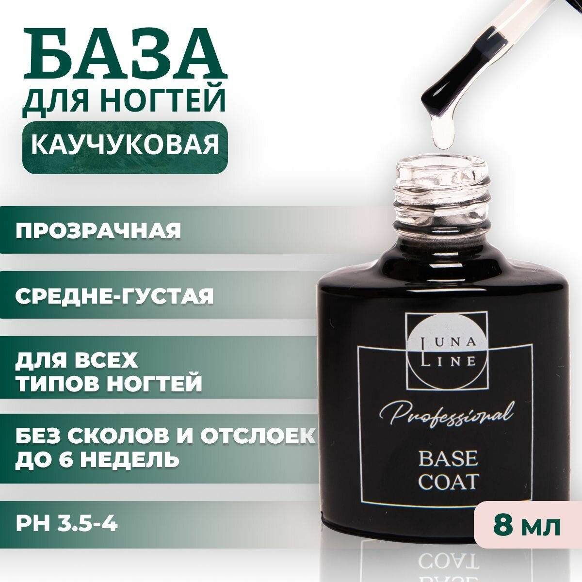 LUNALINE База для ногтей, прозрачная, Rubber (рубер), самовыравнивающаяся, густая, каучуковая основа под гель-лак, 8 мл