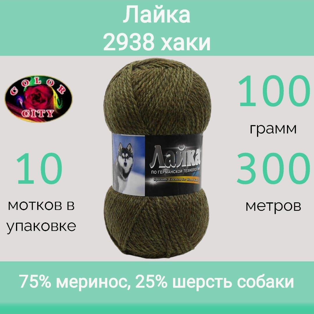 Пряжа Color City Лайка цвет 2938 хаки (100г/300м, упаковка 10 мотков)