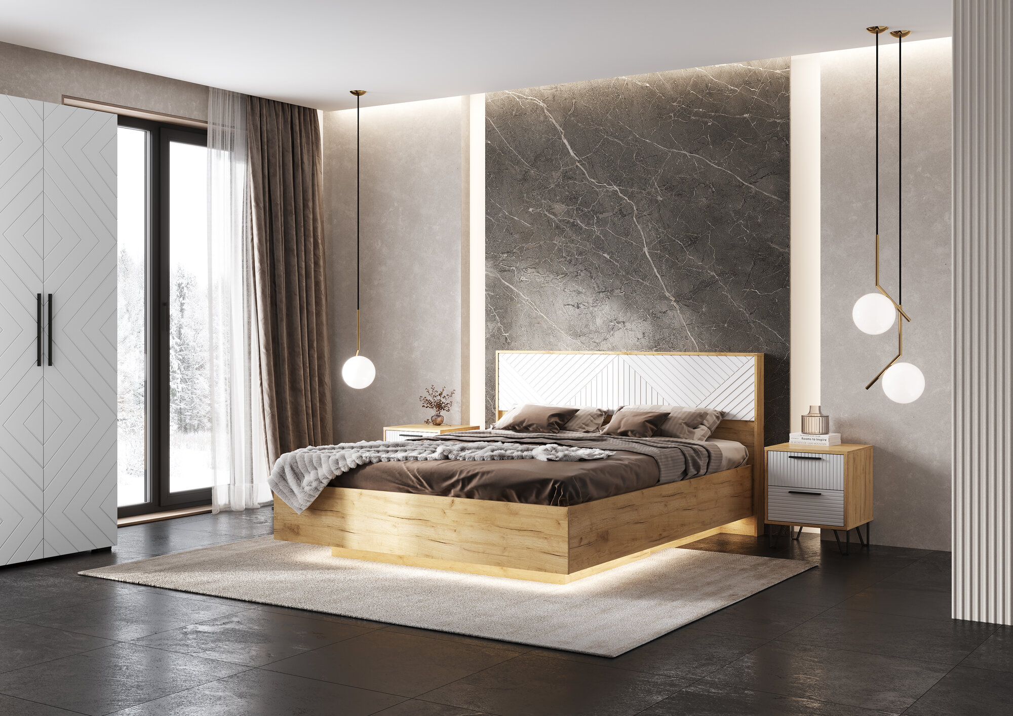 Комплект мебели для спальни Флэш (комп 3) (Браш Вайт, Дуб Крафт)