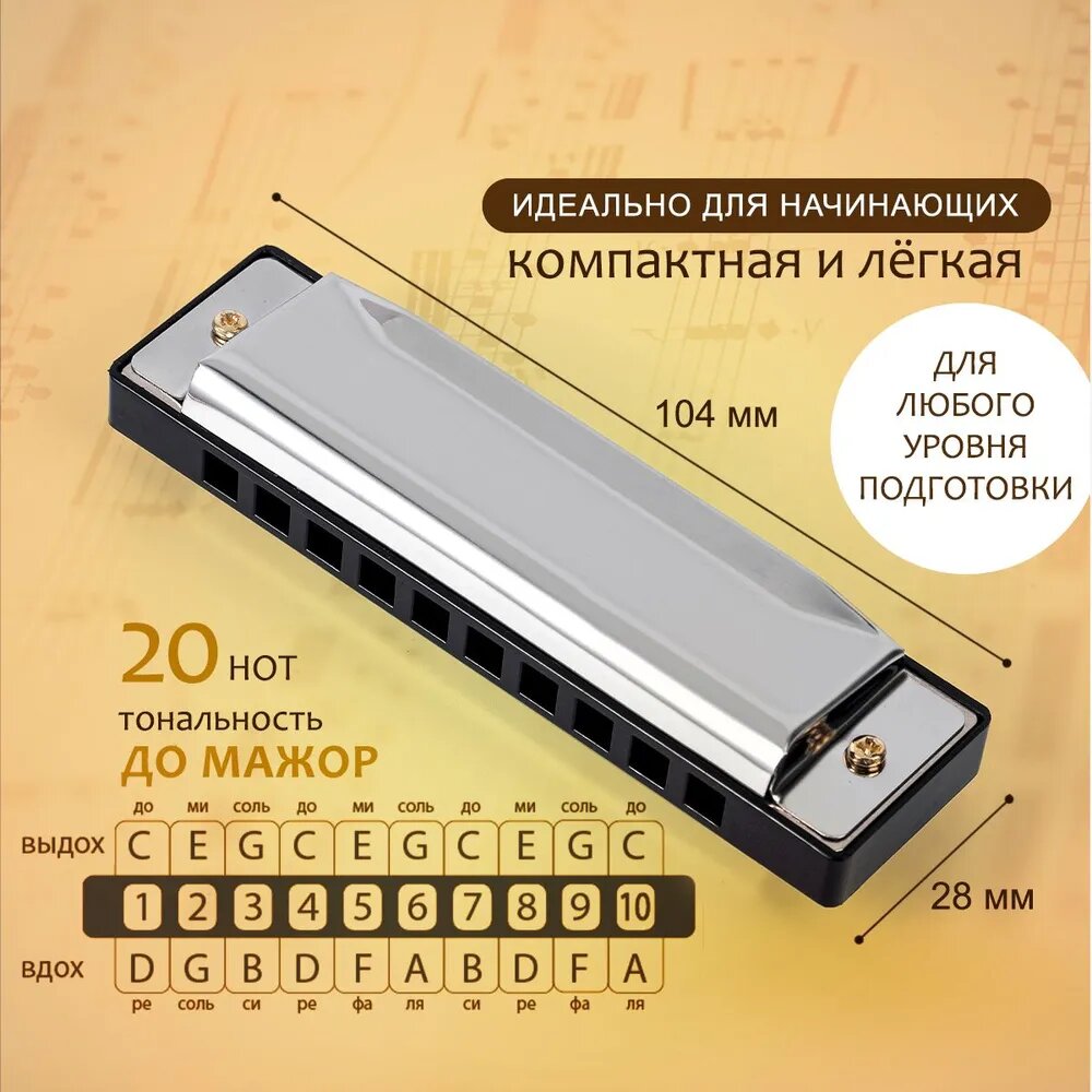 Губная гармошка, тональность С. Диатоническая музыкальная гармонь + кейс для хранения. 20 звуков. Размер 10.4х2.8 см.