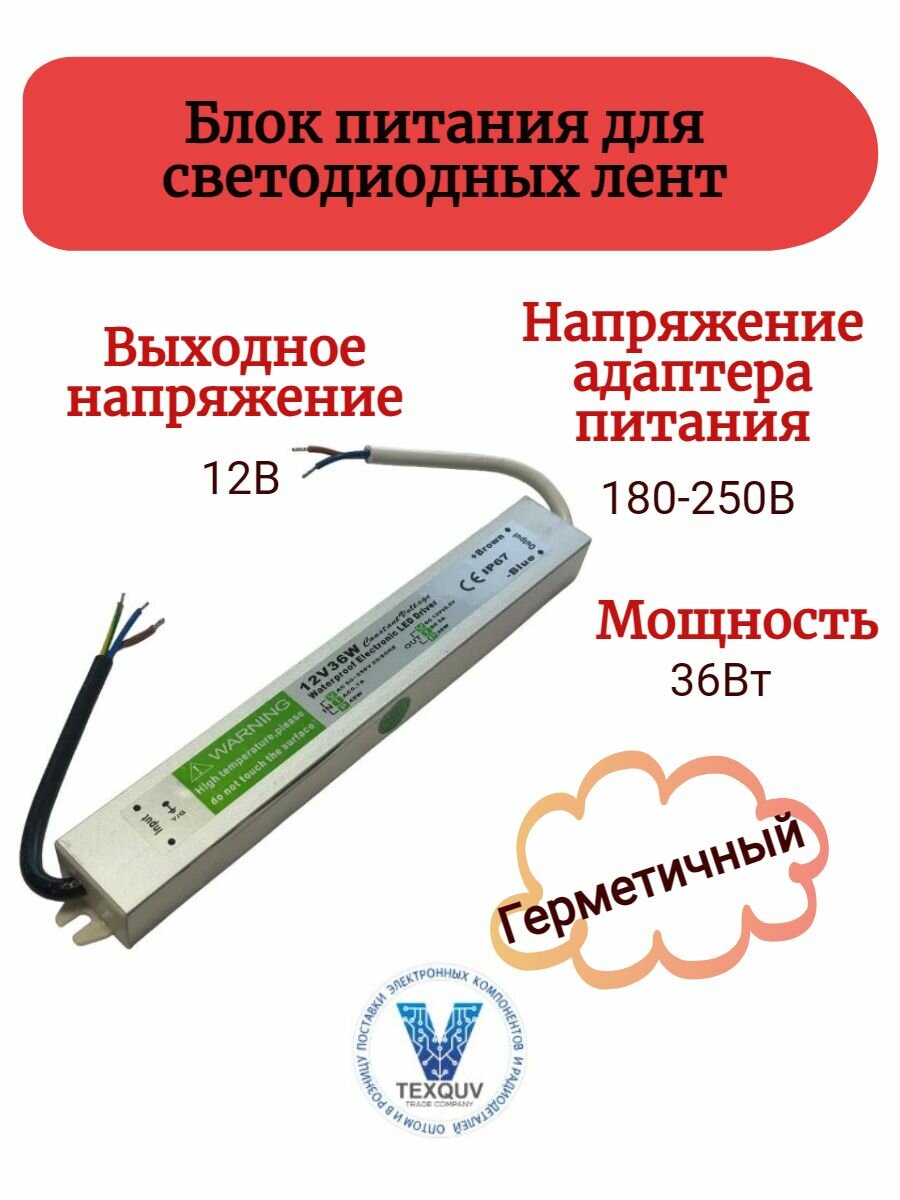 Герметичный блок питания 36Вт-12В-3А-IP67, 1шт