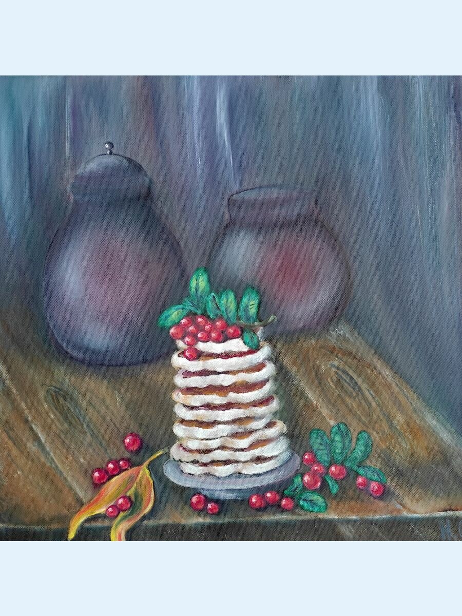 Картина маслом Натюрморт с оладьями ручная работа