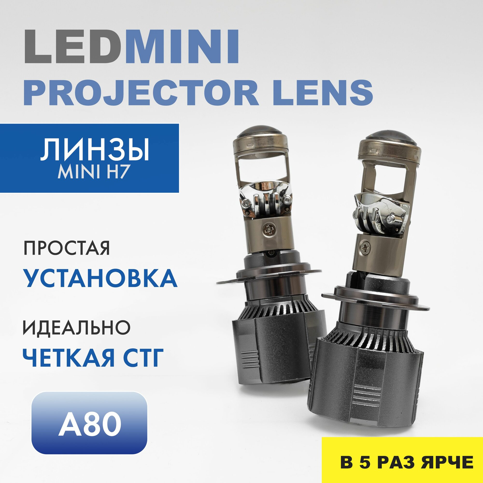 Светодиодные лампы H7, мини линзы H7 A80 PRO, LED лампы H7, белые 6000k, 10000lm, LED линзы, без разбора фары, 2 шт