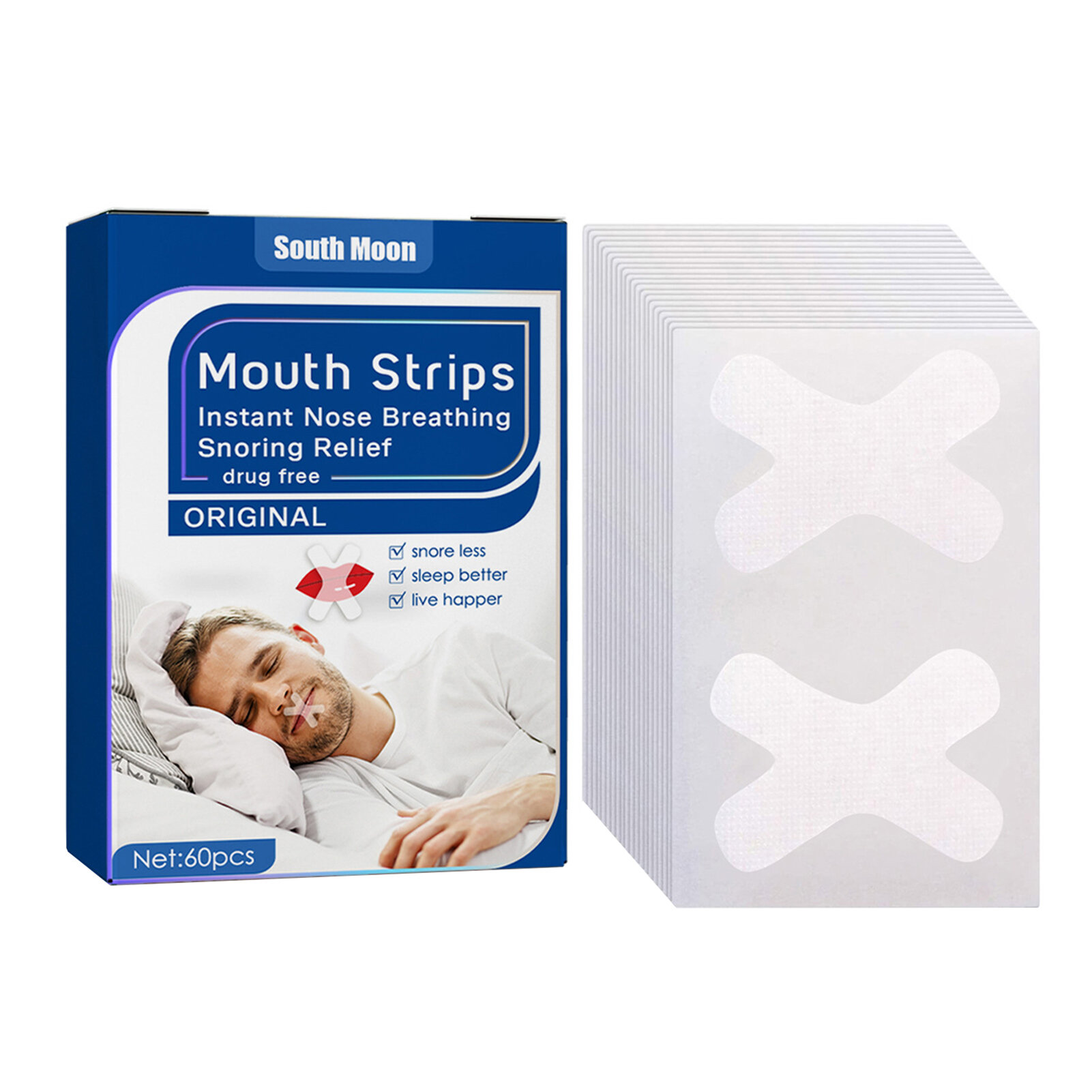 South Moon 60PCS Snoring Stickers Mouth Strips, Размер изделия 80*55мм, Вес упаковки 25г, Размер упаковки 82*57*10мм
