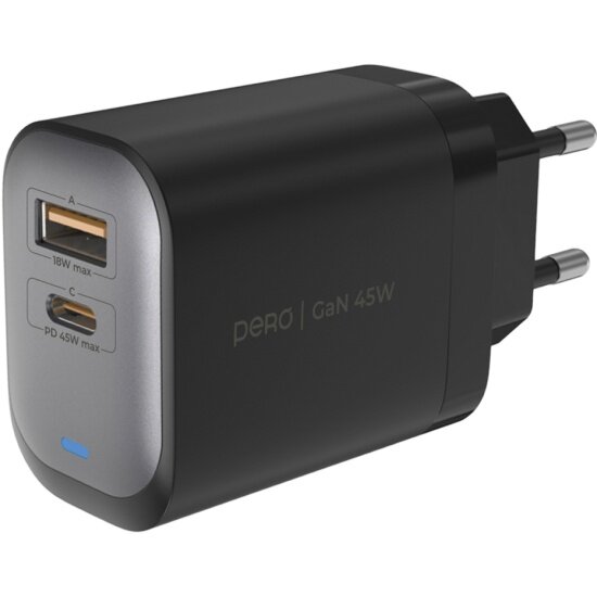 Сетевое зарядное устройство Pero TC29 45Вт, ULTIMATE GAN USB-A + USB-C, серый