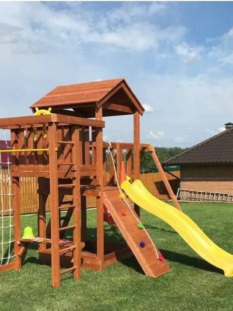 Детская площадка игровая уличная с горкой Савушка Мастер 3 (Махагон). Игровой спортивный комплекс для улицы с горкой.