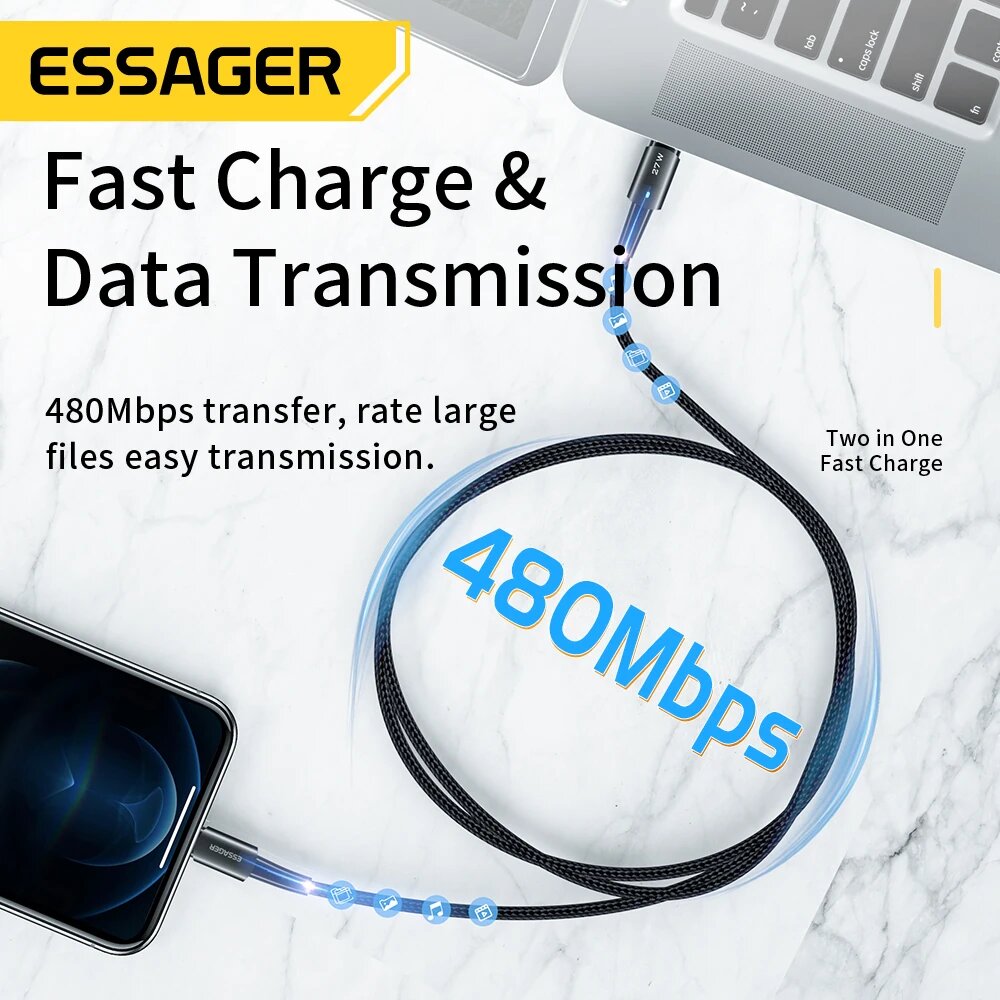 Кабель Essager USB C 2m, черный, 2.4A — фото 1