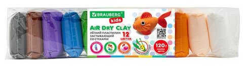 Пластилин Brauberg супер лёгкий воздушный застывающий 12 цветов, 120 г, 3 стека, KIDS, 106306