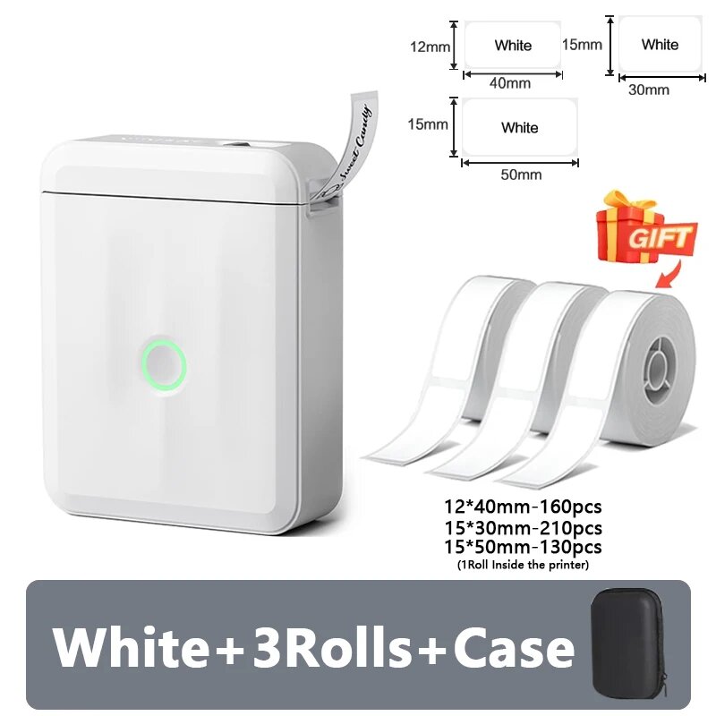 Портативный принтер Niimbot D110 Bluetooth, белый, 3 рулона, чехол
