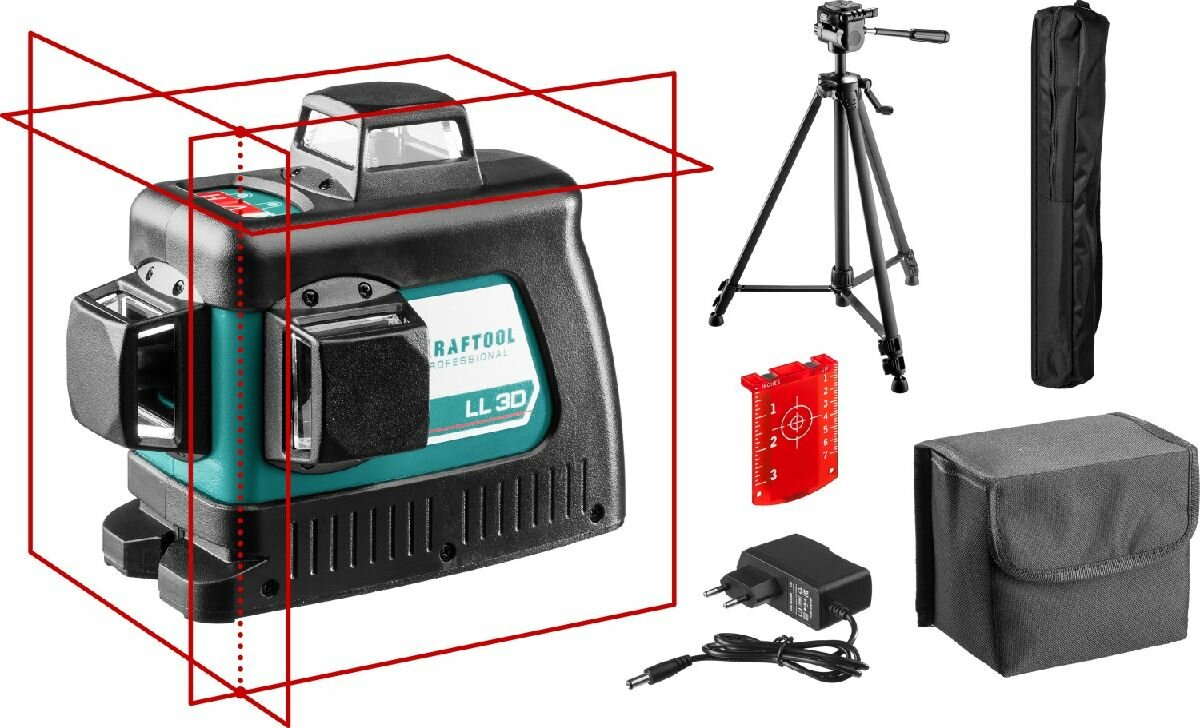 Лазерный нивелир KRAFTOOL LL 3D с автовыравниванием 3 линии 360° точность 0.2 мм/м дальность 20/70 м питание 4AA защита IP54 штатив ST160 в комплекте