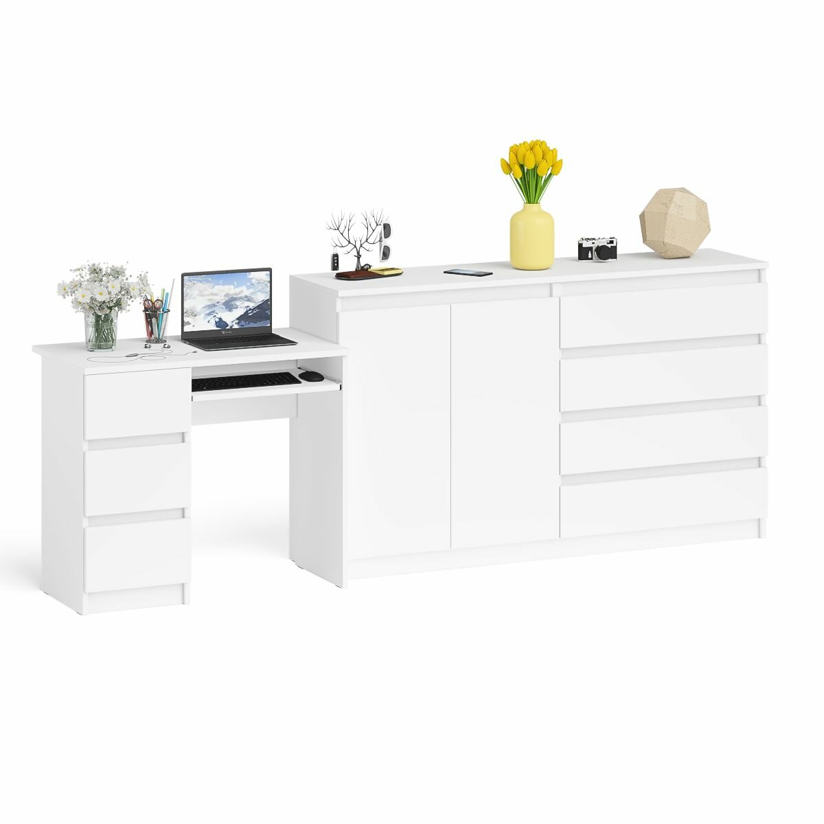 Тумба-комод СВК Мори МК11600.1 и компьютерный стол тумба левый цвет белый, 250,4х50х94 см.